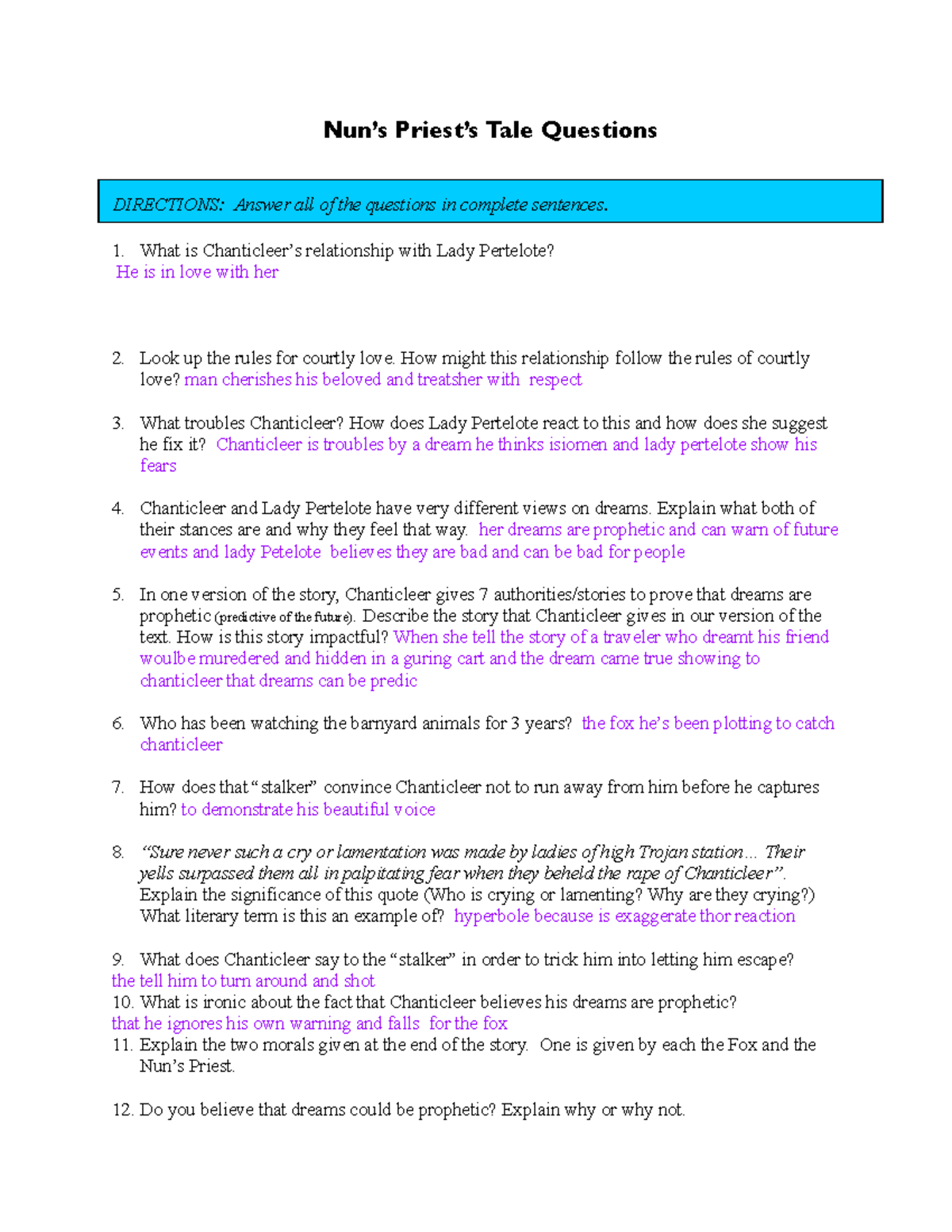 Nun’s Priest’s Tale: Key Questions and Analysis Guide - Studocu