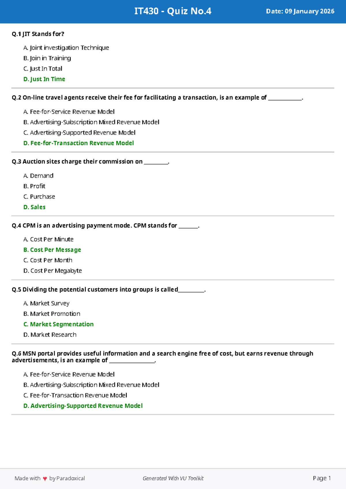 IT430 Quiz No.4 - Key Concepts and Revenue Models - Studocu