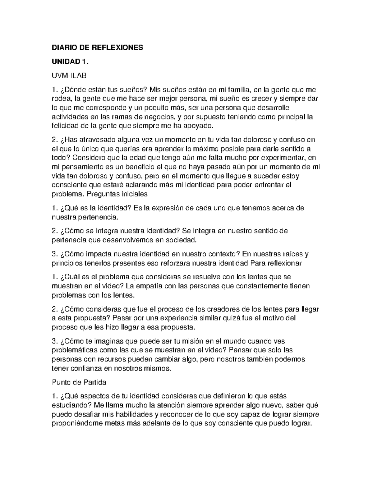 Diario DE Reflexiones - DIARIO DE REFLEXIONES UNIDAD 1. UVM-ILAB ¿Dónde están tus sueños? Mis ...