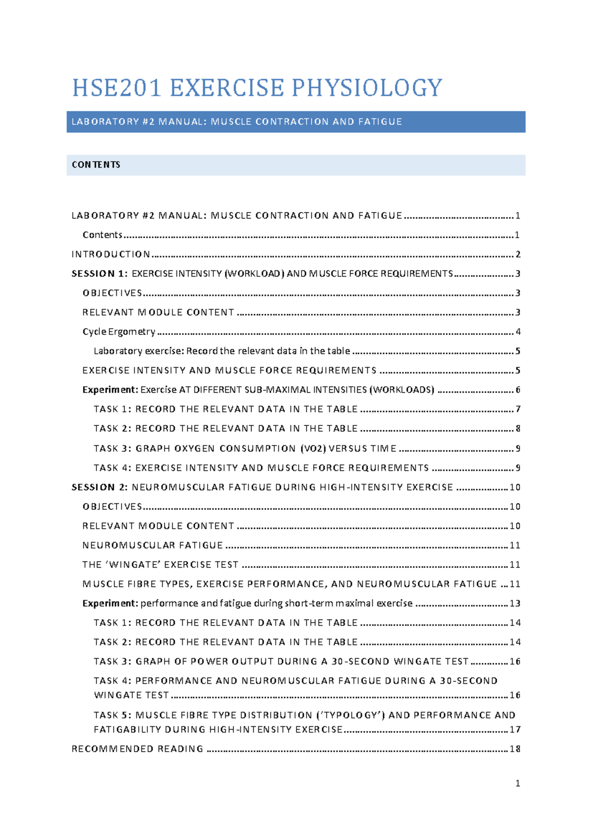 HSE201 Exercise Physiology Lab Manual: Muscle Contraction & Fatigue ...