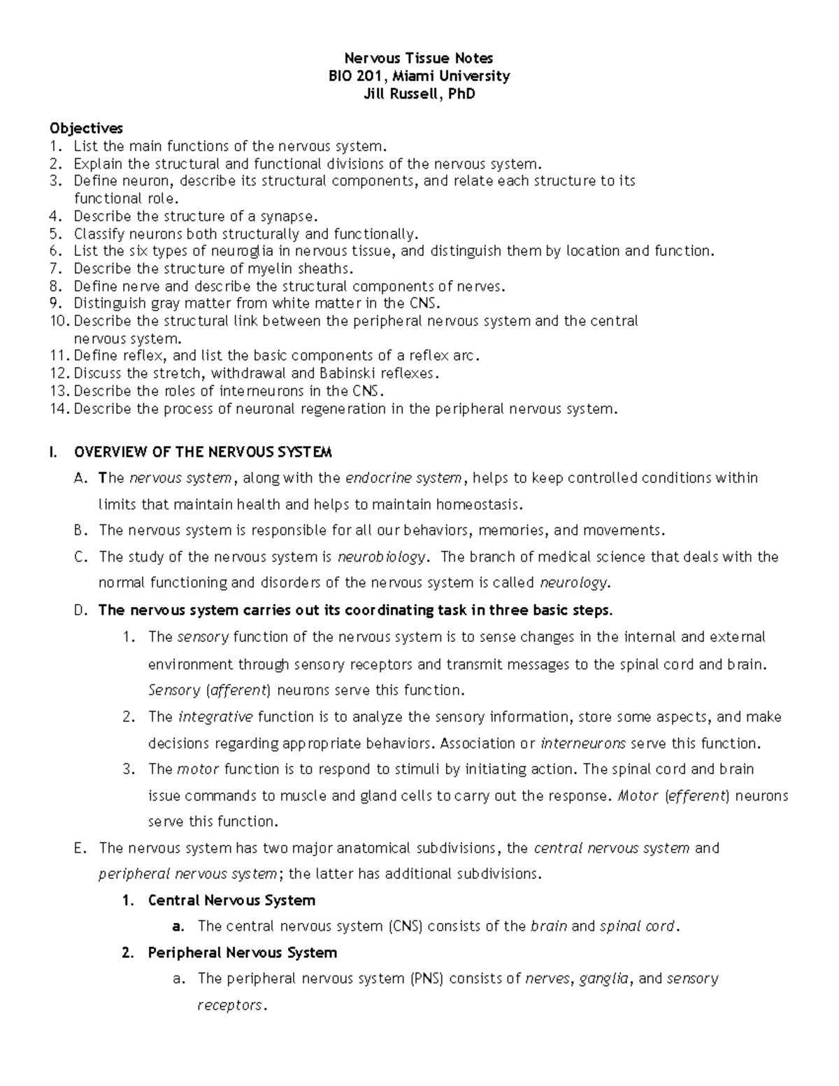 Nervous Tissue Overview and Functions - BIO 201 Notes - Studocu