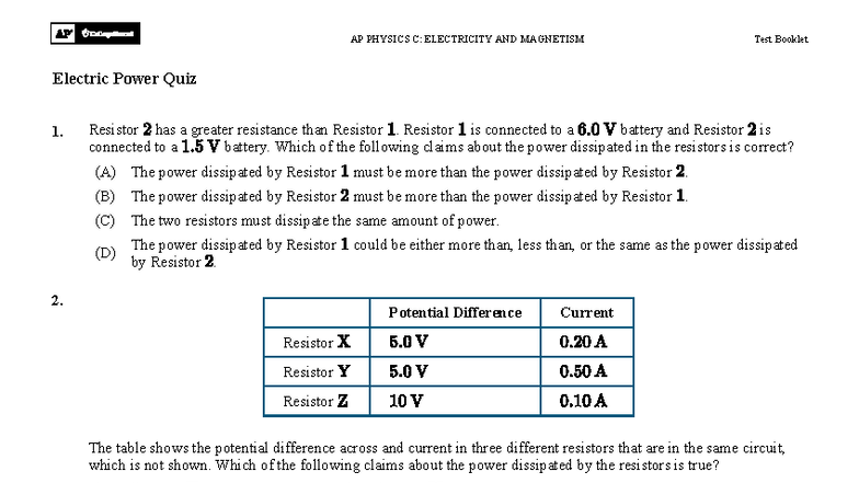 AP PHYSICS C: ELECTRICITY AND MAGNETISM Electric Power Quiz 1 - Studocu