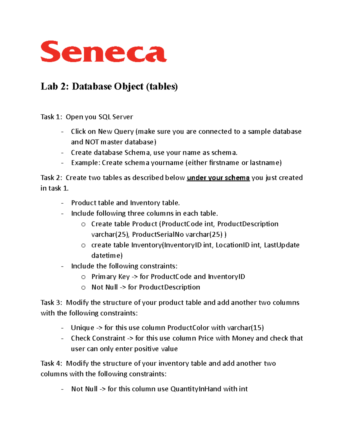 DAT330-Lab2-Database Objects: SQL Server Schema & Tables Creation - Studocu