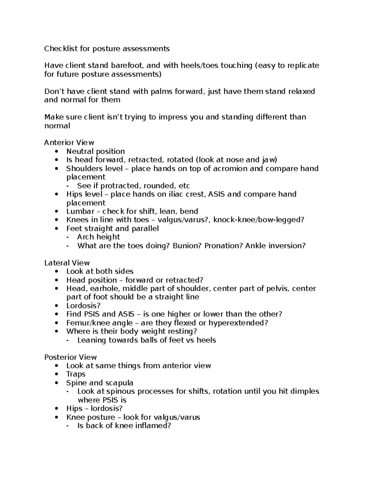 Checklist for posture assessments - Studocu