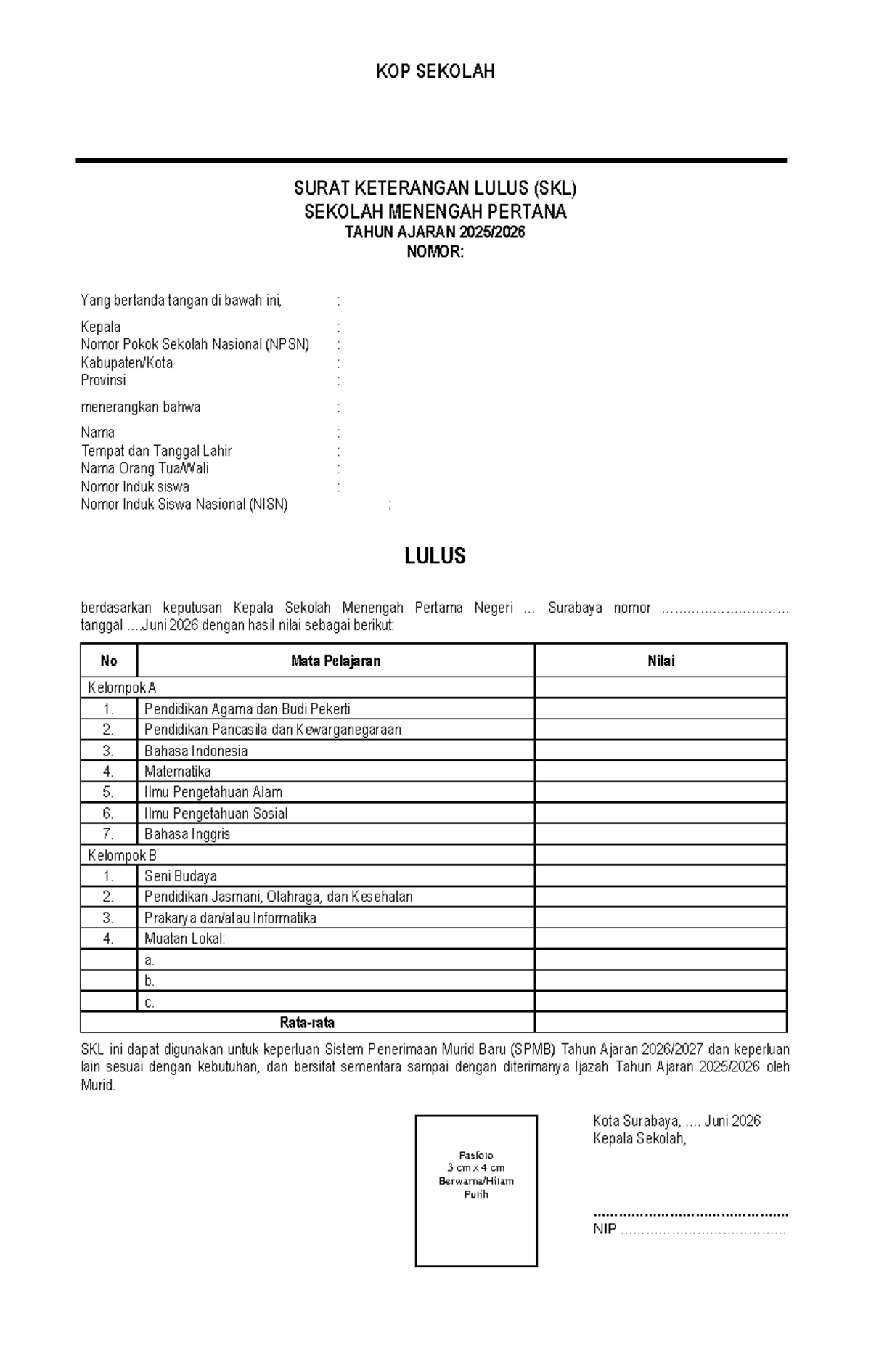 Contoh Format SKL SMP 2026: Surat Keterangan Lulus - Studocu
