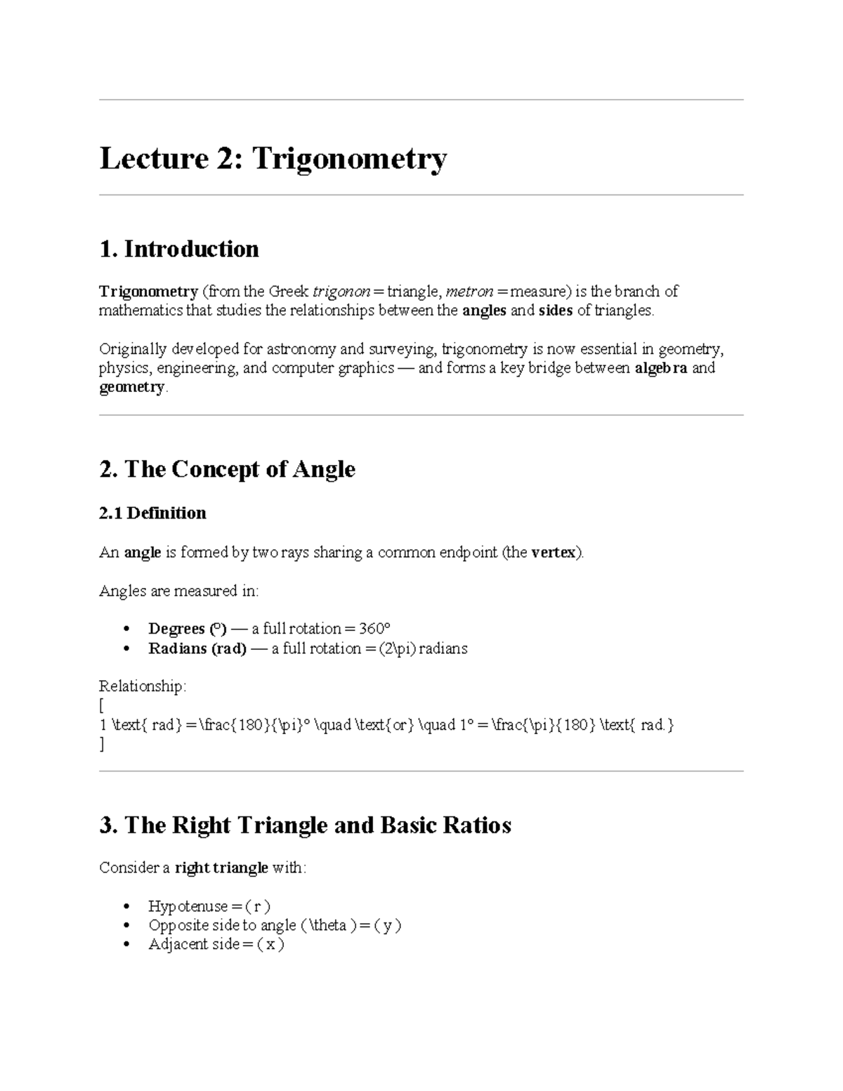 Lecture 2: Introduction to Trigonometry Concepts and Applications - Studocu