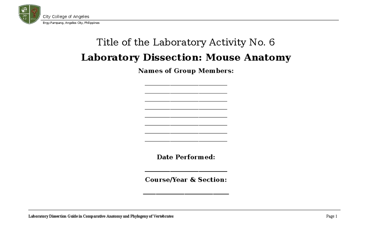 Biology Lab Activity: Mouse Anatomy Dissection Guide (LAB 6) - Studocu