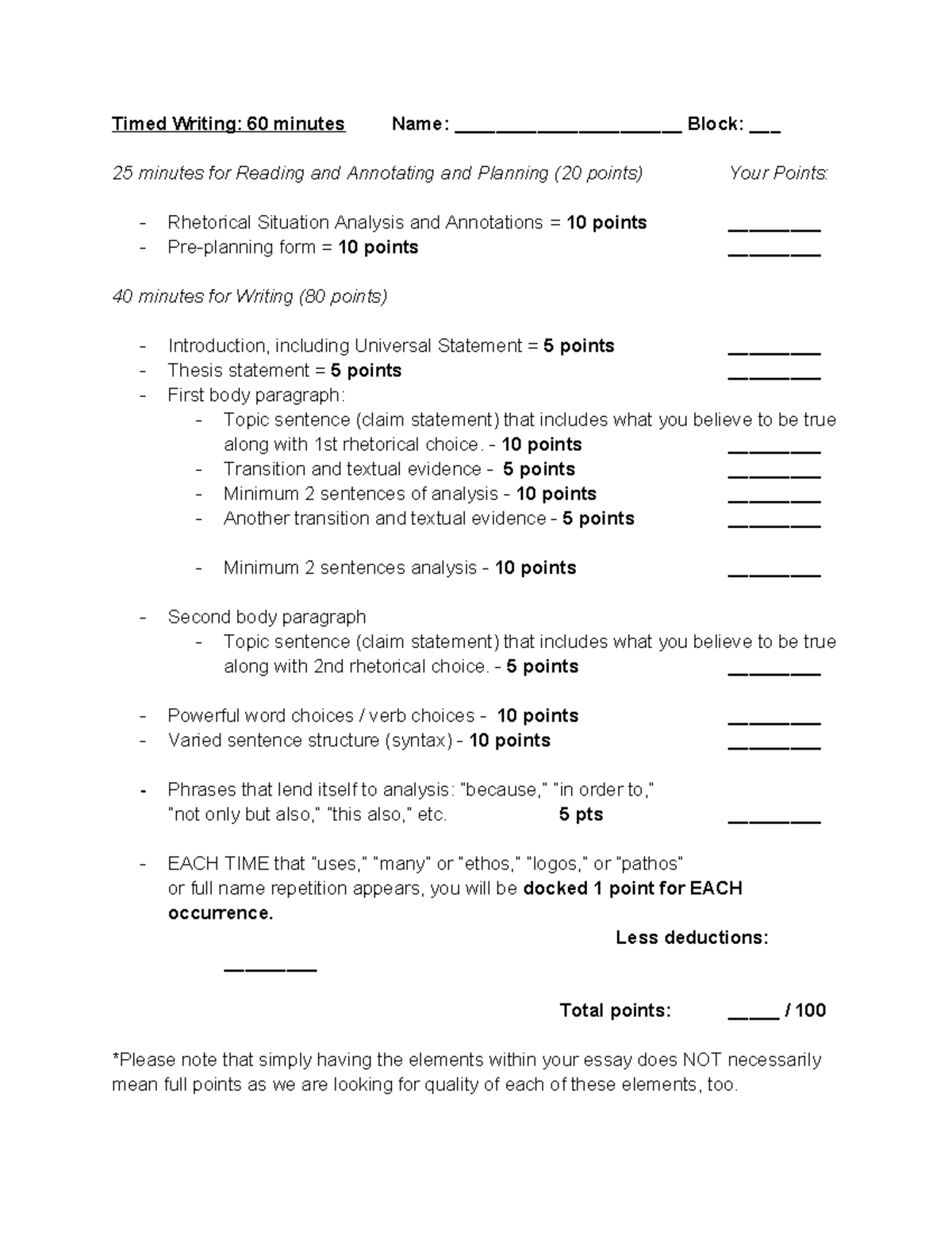 Rhetorical Analysis Writing Rubric - December 2024 -ALL Blocks - Timed ...