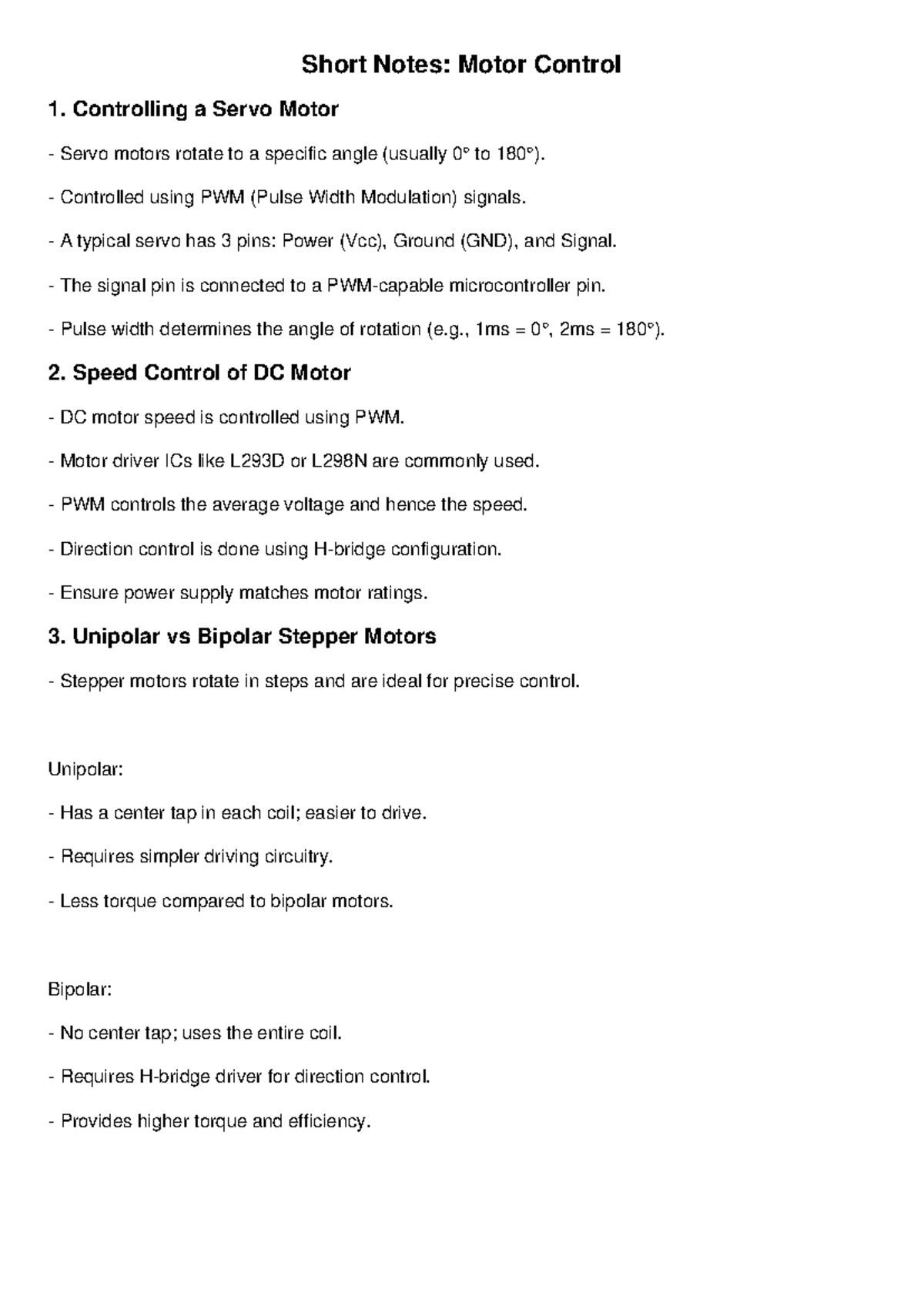 Motor Control Short Notes: Servo, DC, and Stepper Motors - Studocu