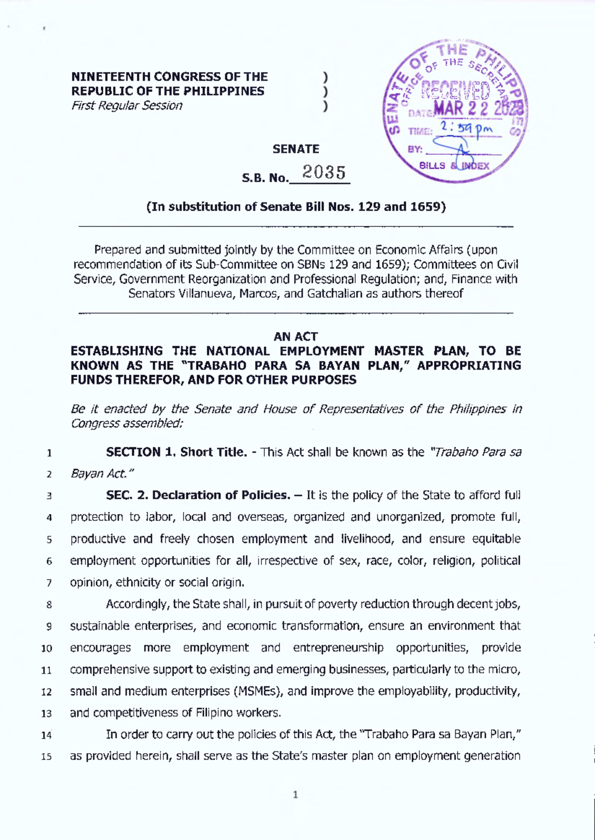Senate Bill No. 2035 - Trabaho Para sa Bayan Act Overview - Studocu