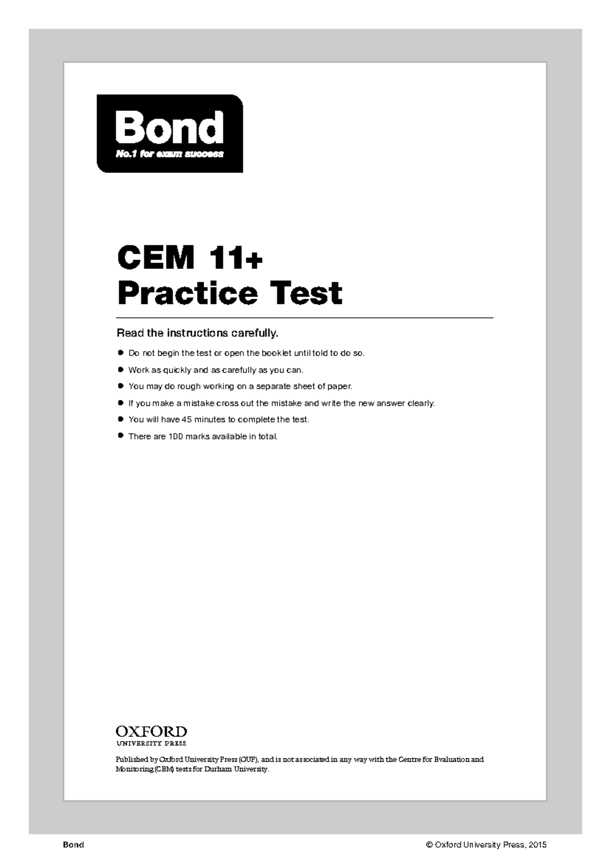 Bond 11 Plus CEM Practice Paper: Complete Mock Exam Guide - Studocu