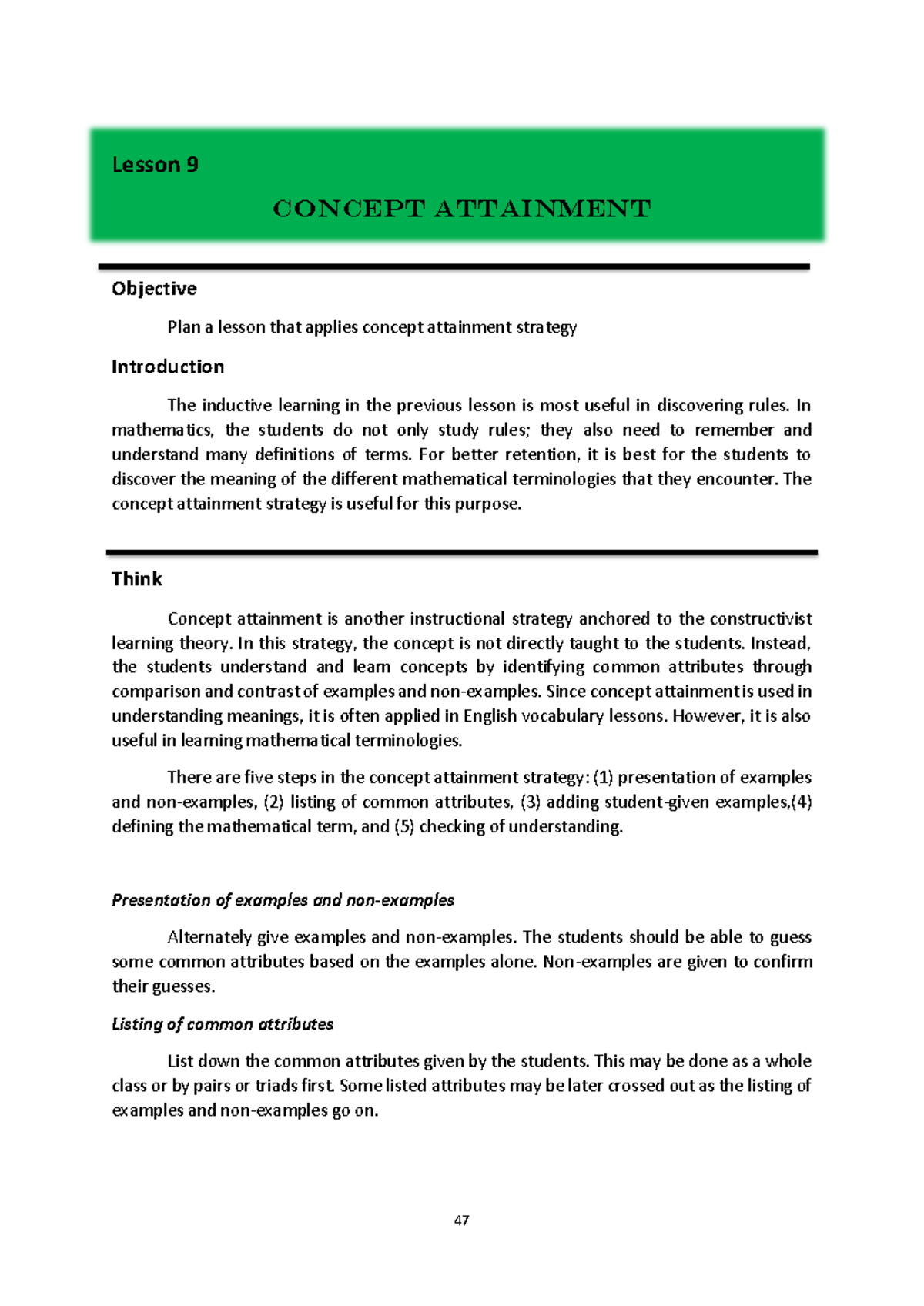 Lesson 9: Concept Attainment Strategy in Math (Unit-III-part2) - Studocu