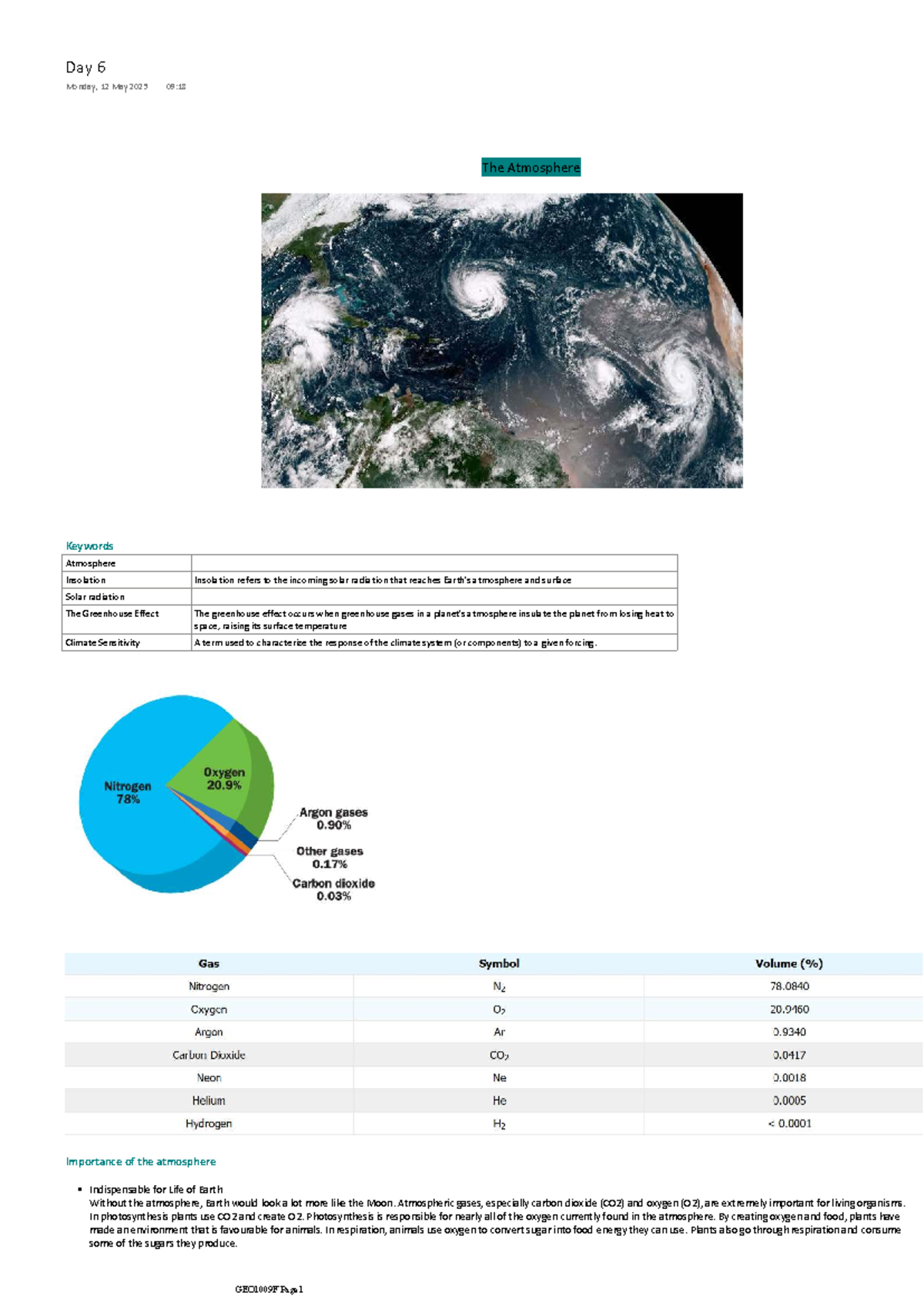 GEO1009F Lecture Notes: The Atmosphere Overview - Studocu