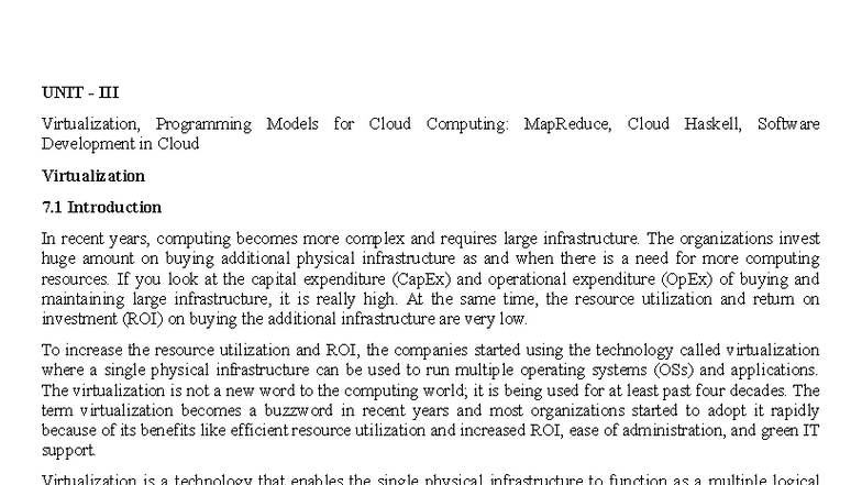 UNIT-III: Virtualization & Programming Models in Cloud Computing - Studocu