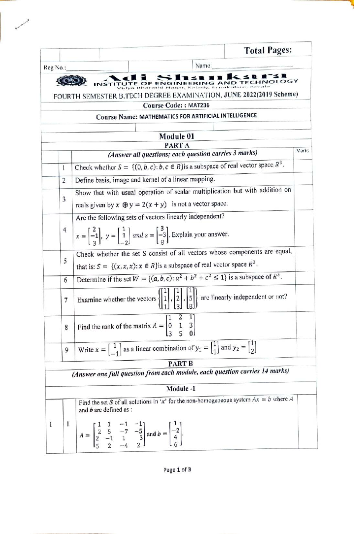 MAT236 - Mathematics for Artificial Intelligence: Question Bank for ...