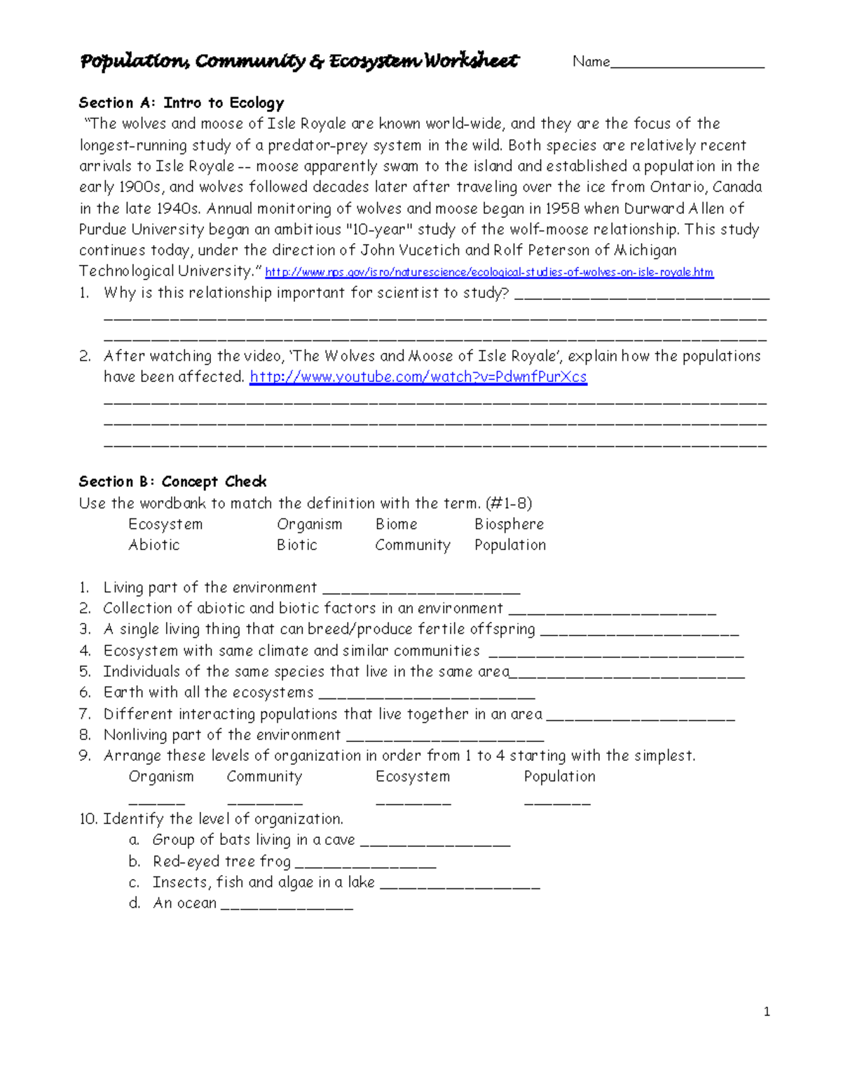 Basic Ecology Worksheet: Population & Community Dynamics (ECO 101 ...