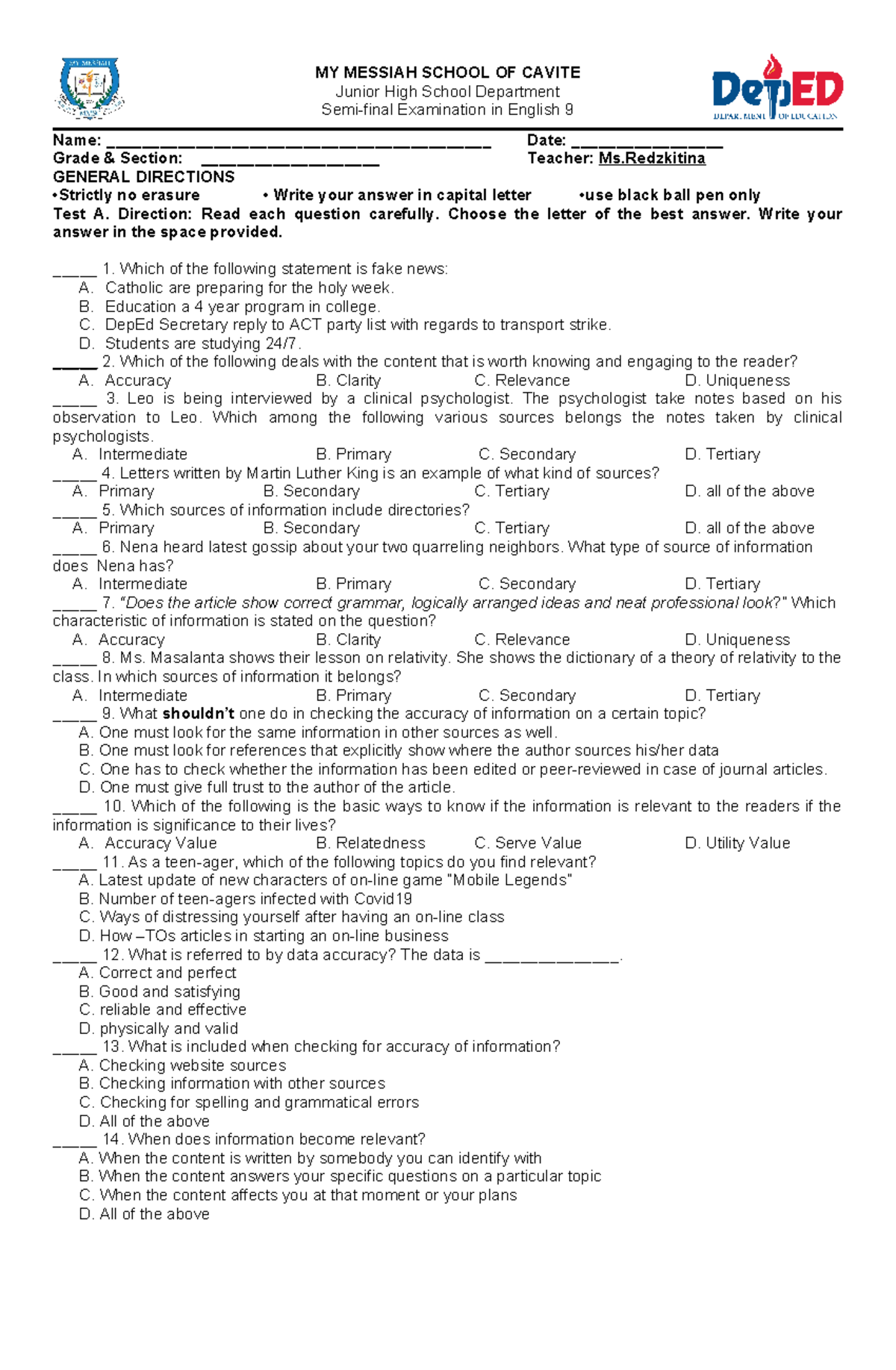 SEMI-Final Exam Review for English 9 - Comprehensive Questions - Studocu