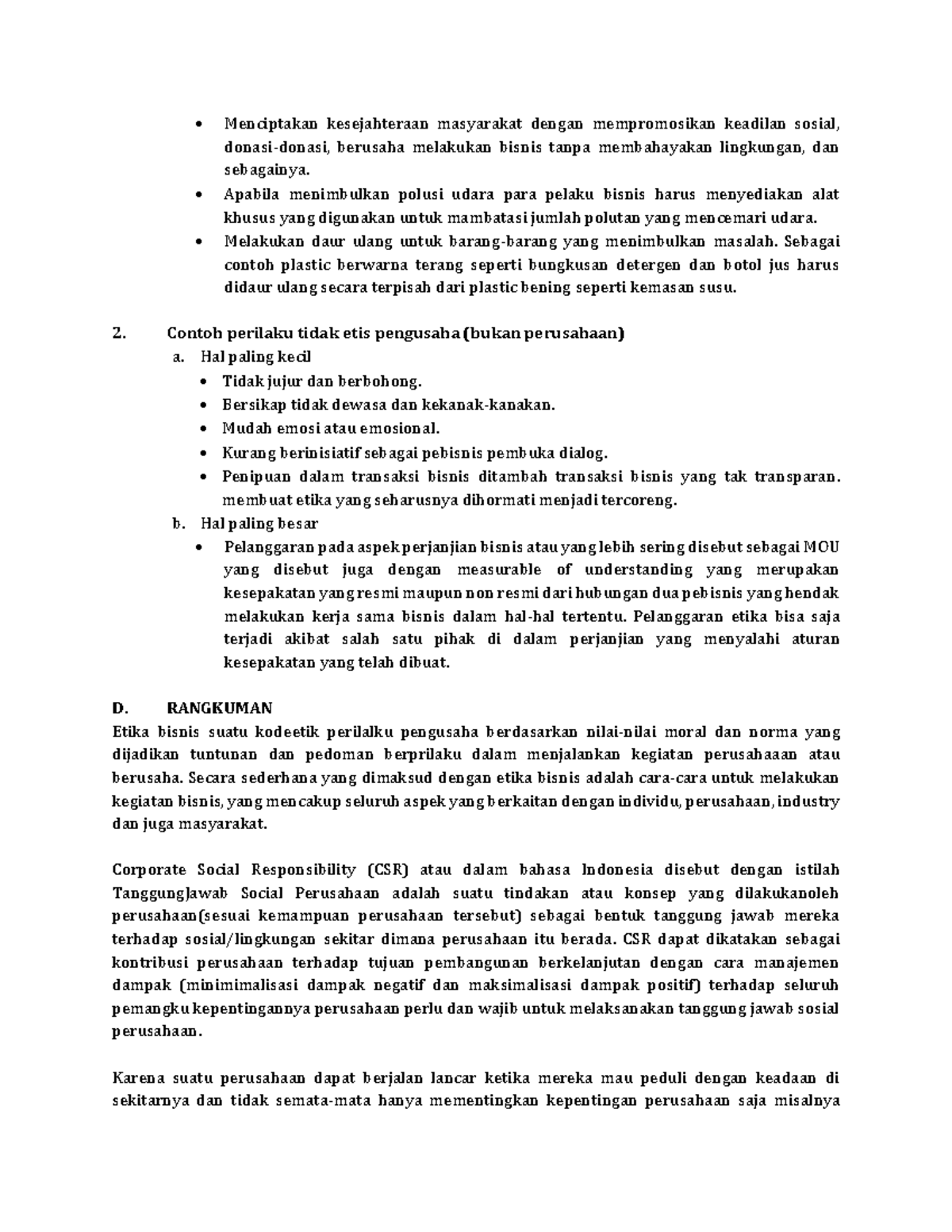 Etika Bisnis: Contoh Perilaku Tidak Etis Pengusaha dan CSR - Studocu