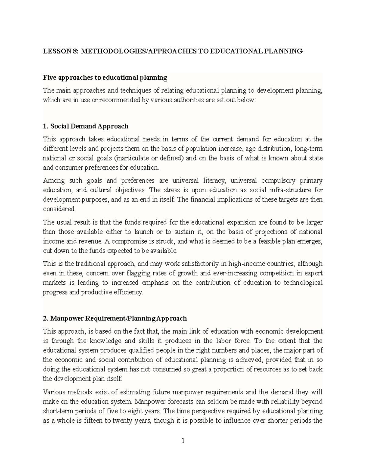 Lesson 8: Approaches to Educational Planning Methodologies in Focus ...
