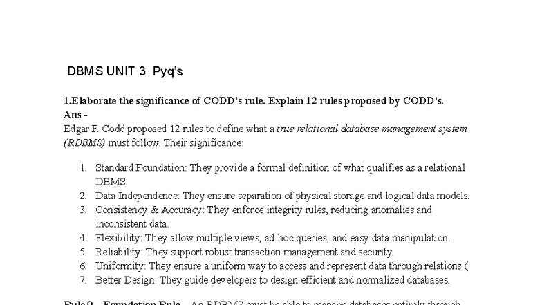 DBMS PYQs Unit 3 - Significance of Codd's 12 Rules Explained - Studocu