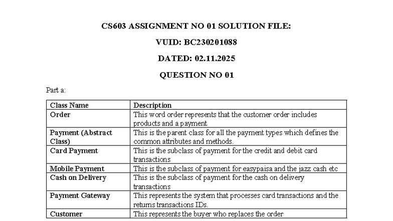 CS603 Assignment 01: Payment Class Hierarchy & Relationships - Studocu