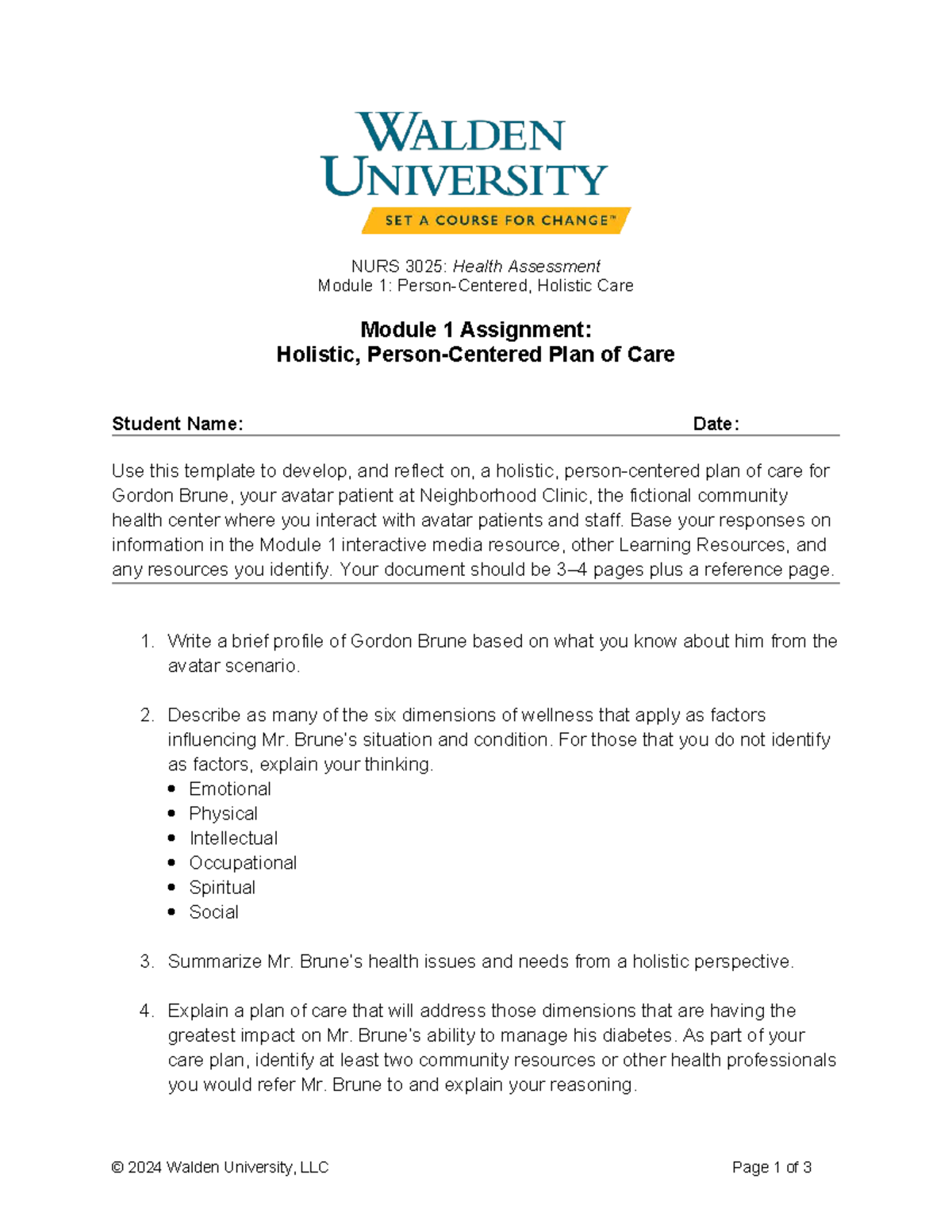 NURS 3025: Module 1 Holistic Care Plan for Gordon Brune - Studocu