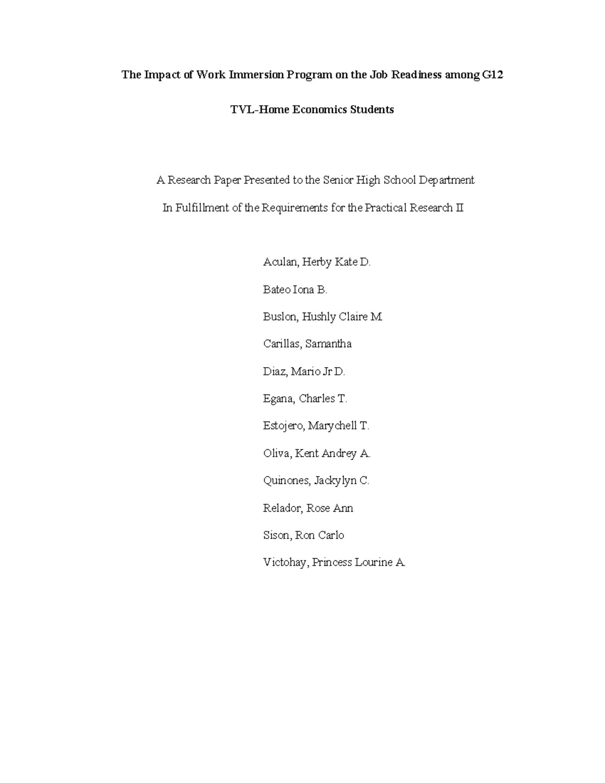 Impact of Work Immersion on Job Readiness of G12 TVL HE Students - Studocu