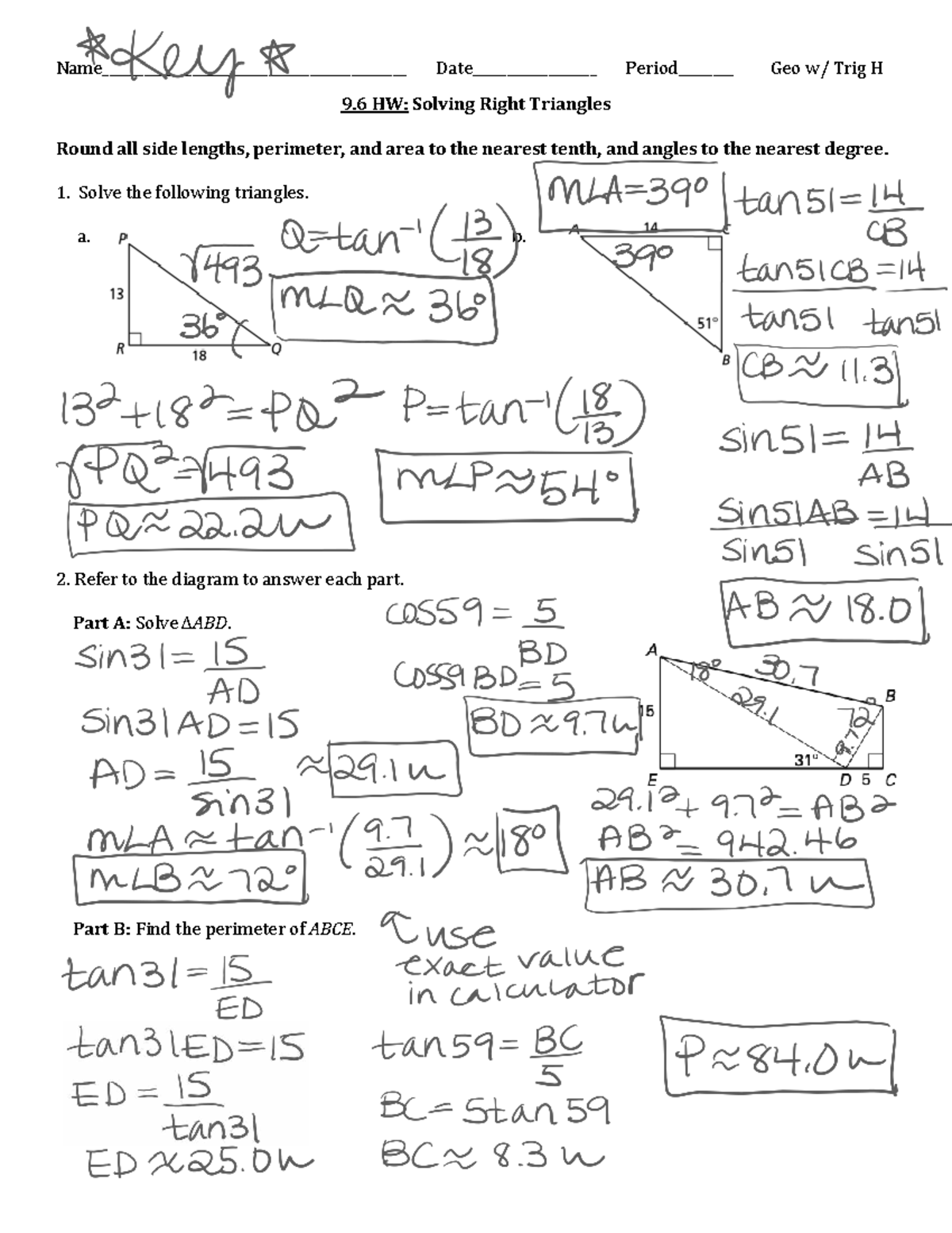 Geo Trig H 9.6 HW: Solving Right Triangles & Perimeters - Studocu