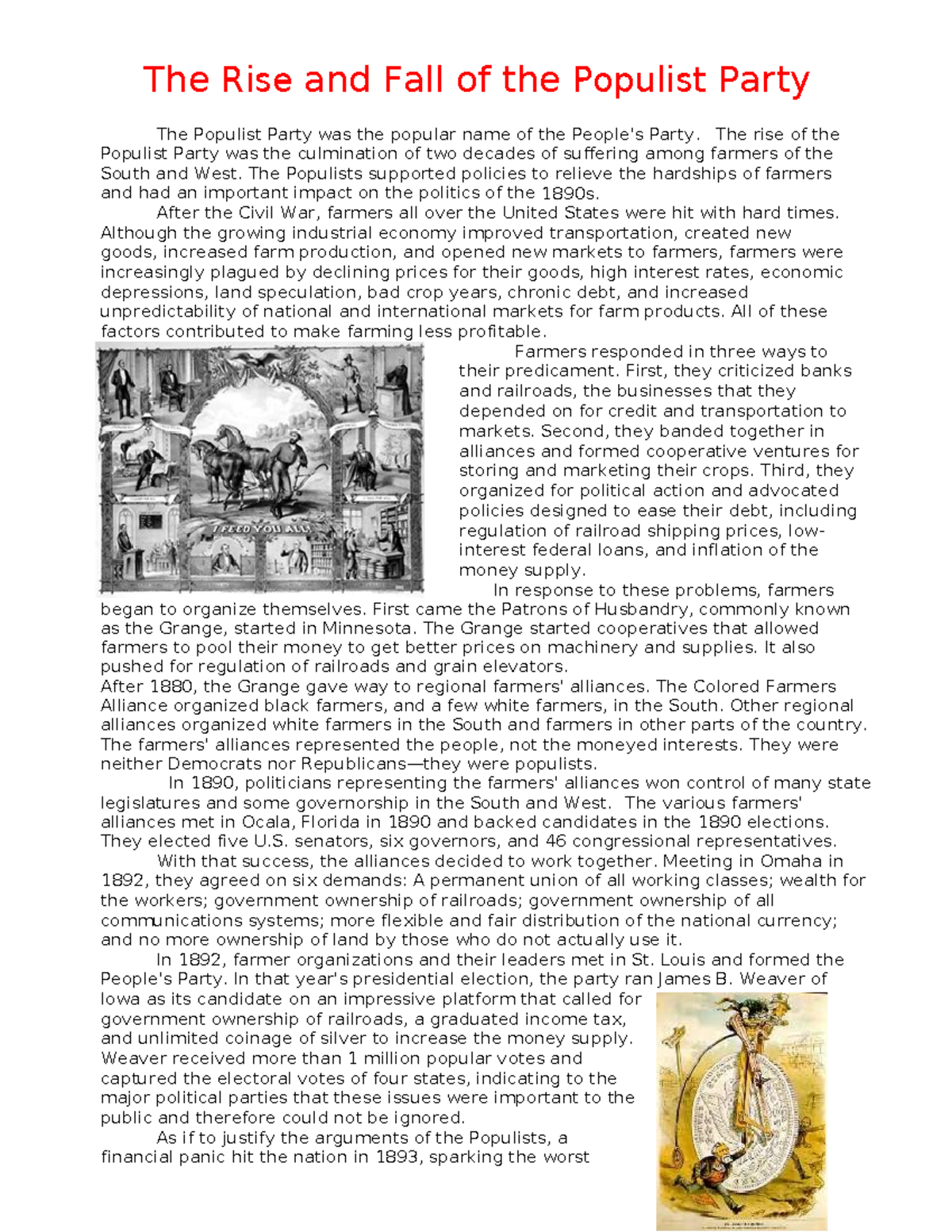 Populist Party Worksheet: Rise and Fall Overview and Discussion ...