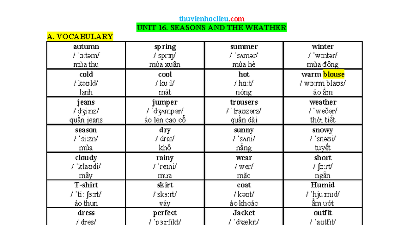 Unit 16: Seasons and Weather Vocabulary & Grammar Guide - Studocu