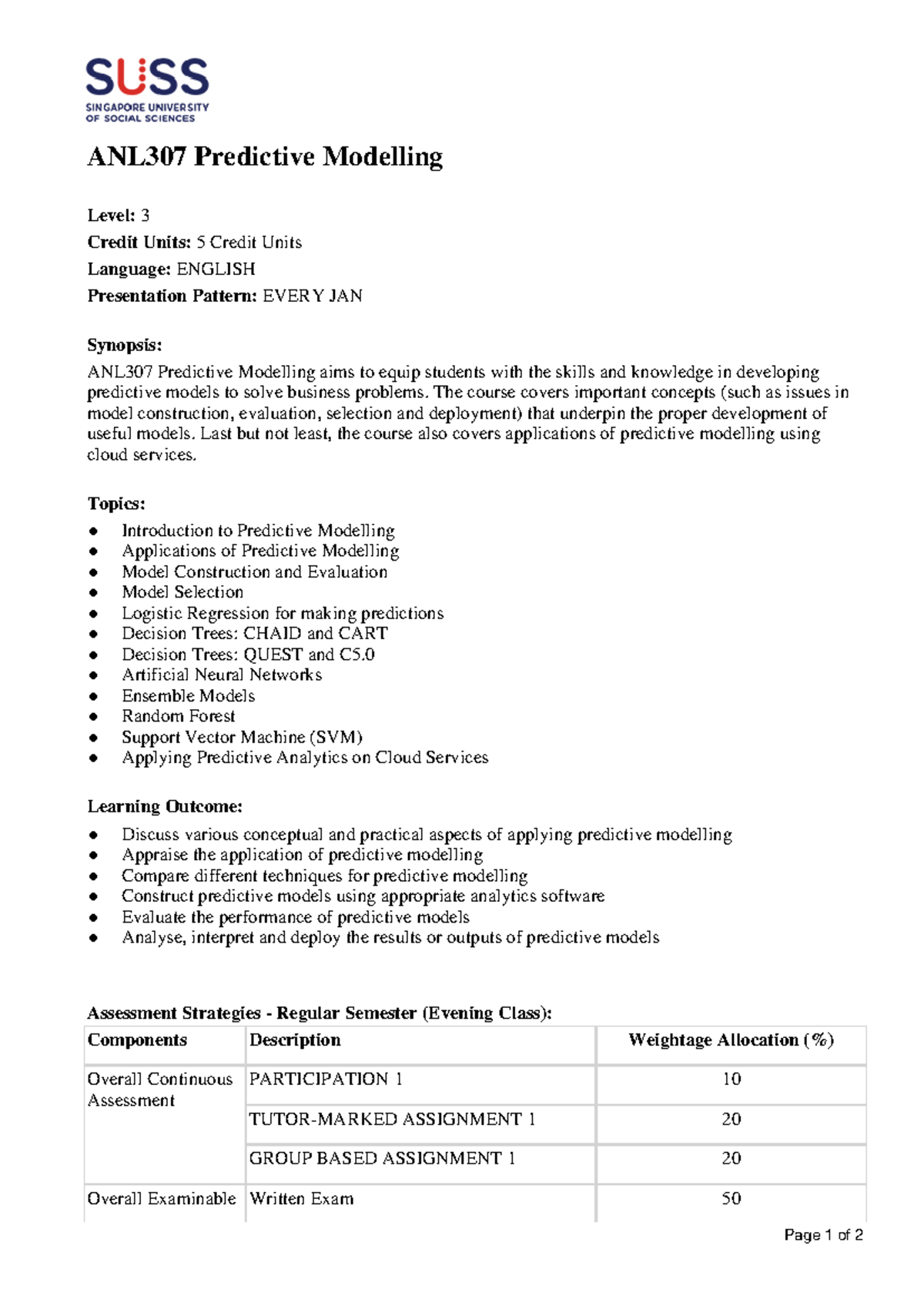 Anl307 predictive modelling course overview and assessment details ...