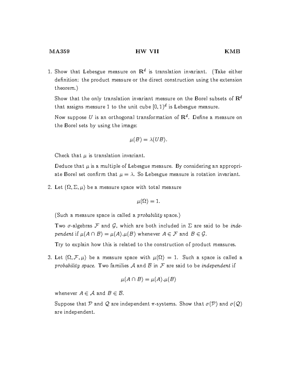 MTHW07 - Homework VII: Lebesgue Measure Properties and Independence ...