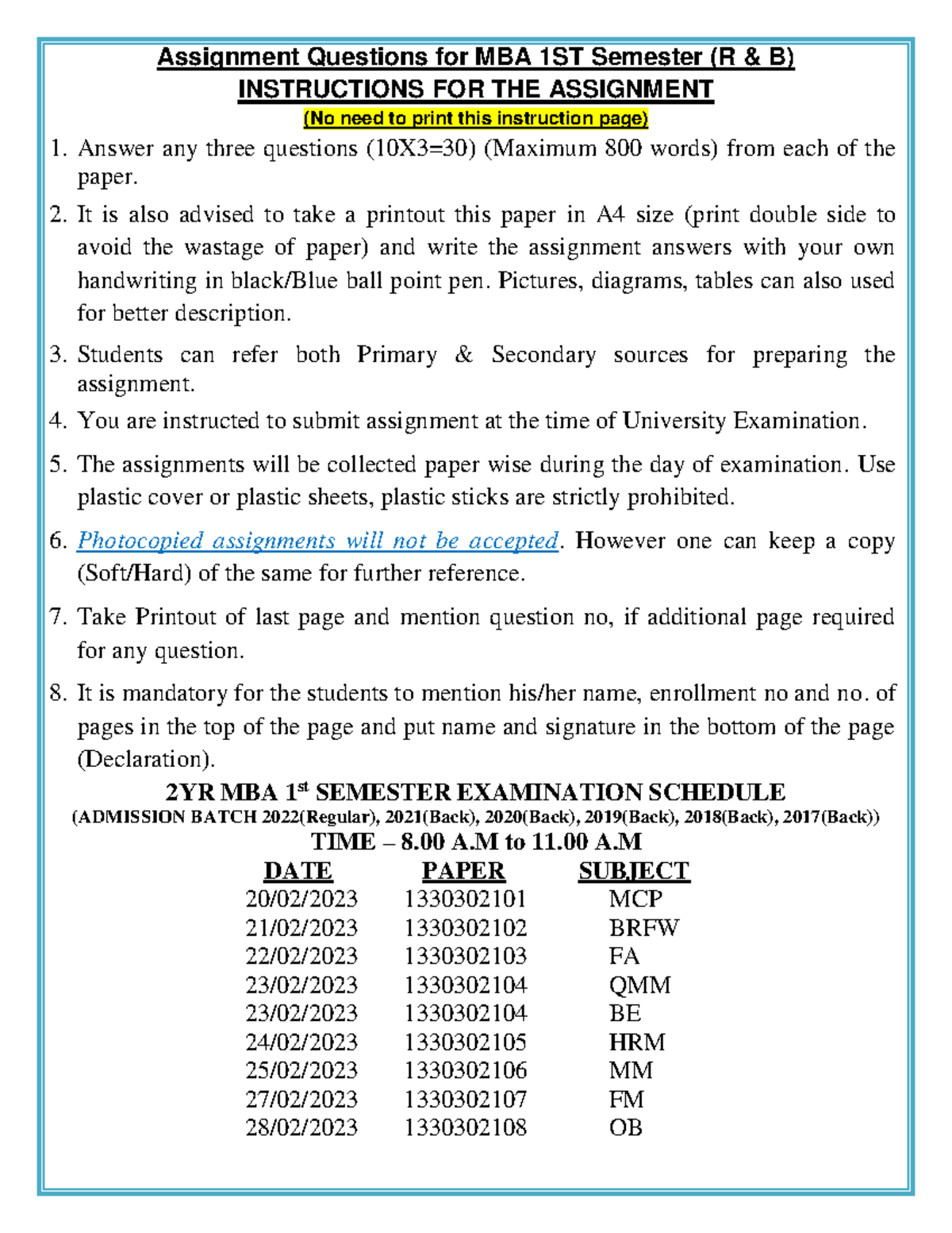 MBA 1ST Semester Assignment Questions: MCP & BRFW - Studocu
