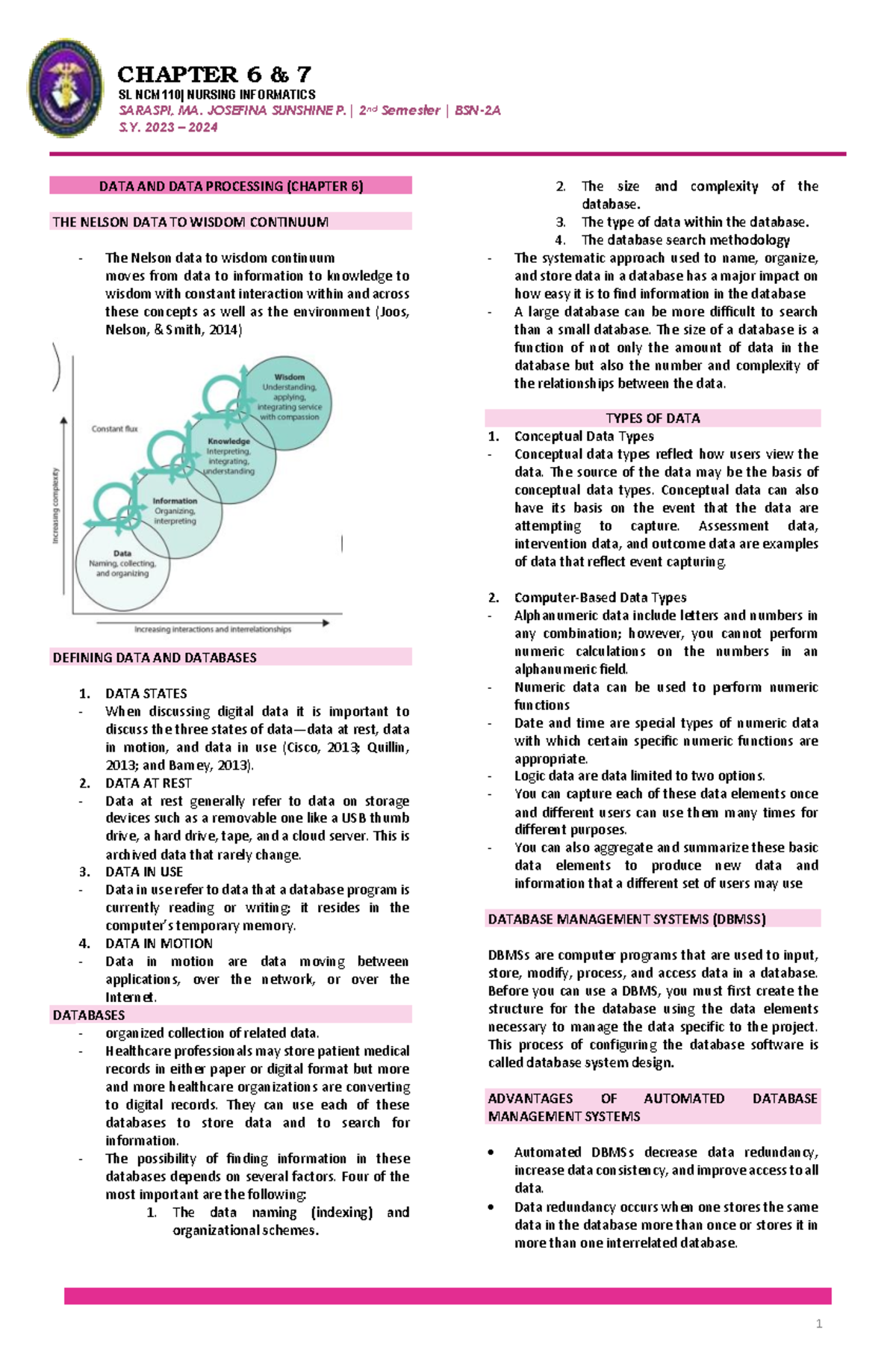 NCM 110 - Nursing Informatics: Chapters 6 & 7 Overview - Studocu