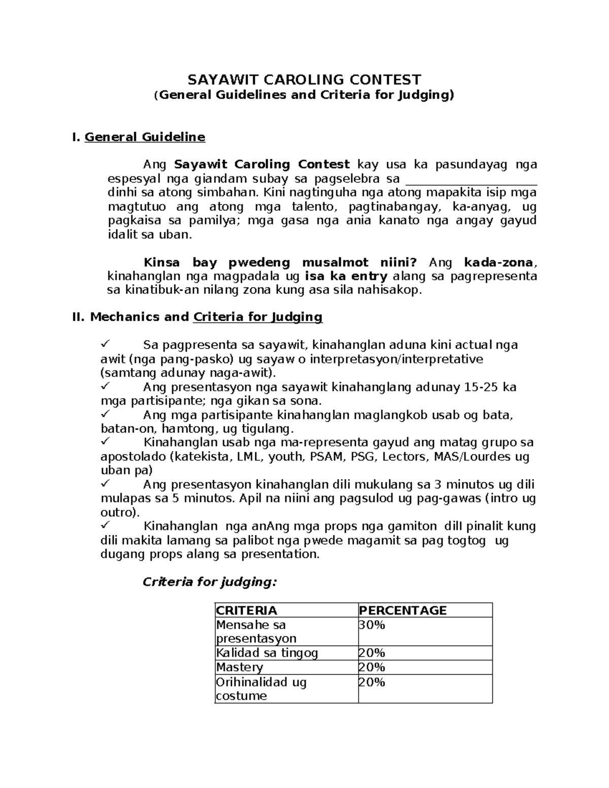 Sayawit Caroling Contest: Judging Criteria and General Guidelines - Studocu