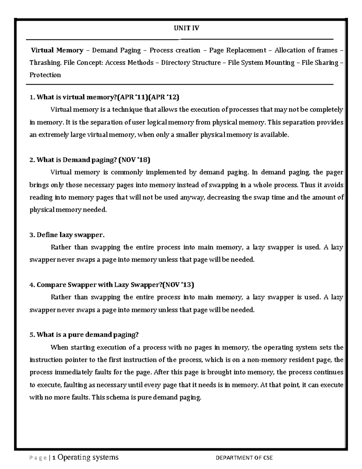 OS(U4) - Virtual Memory & File System Notes for Final Exam - Studocu