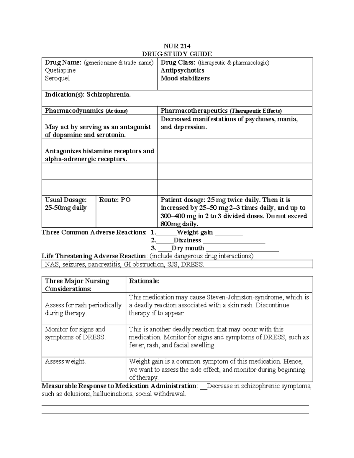 NUR 214 Drug Study Guide: Quetiapine (Seroquel) Overview and Nursing ...