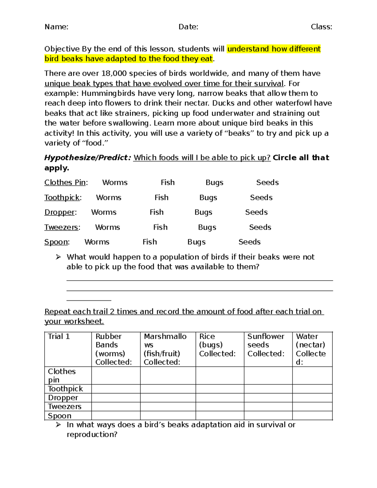 7.LS1.6 Bird Beak Adaptations Lab Activity - Studocu