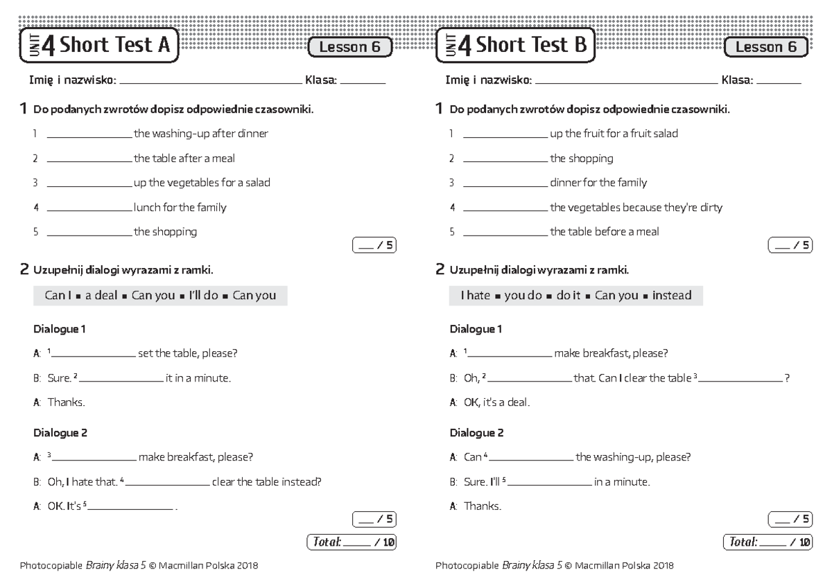 Brainy 5 Short Tests - Unit 4, Lesson 6 Review - Studocu