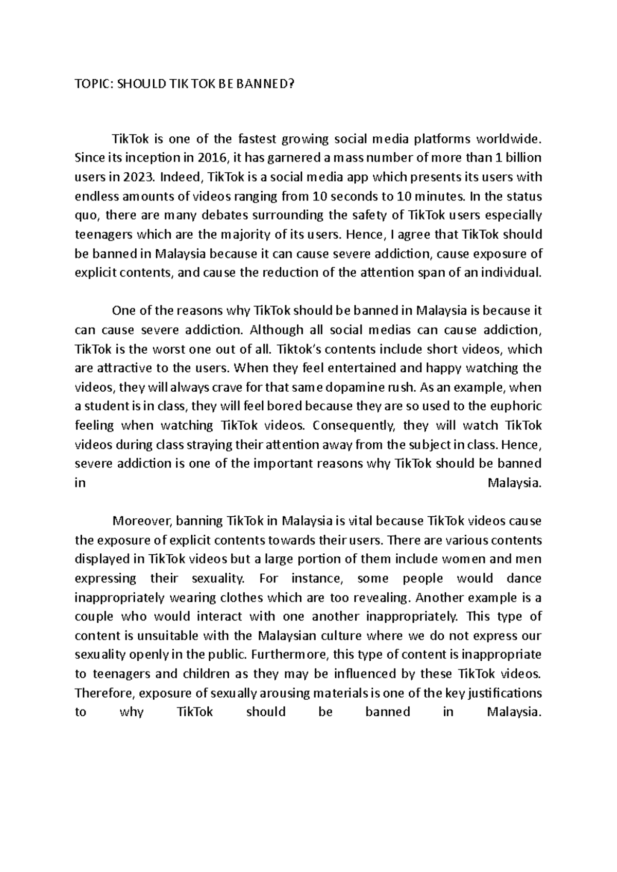 Ihsan's Essay: Should TikTok Be Banned? (Sample Topic Analysis) - Studocu