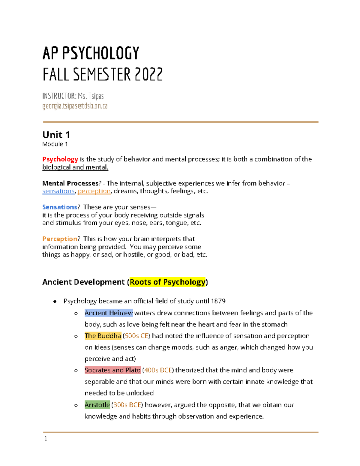 AP Psychology Notes - AP PSYCHOLOGY FALL SEM TER 2022 INSTRUCTOR: Ms ...