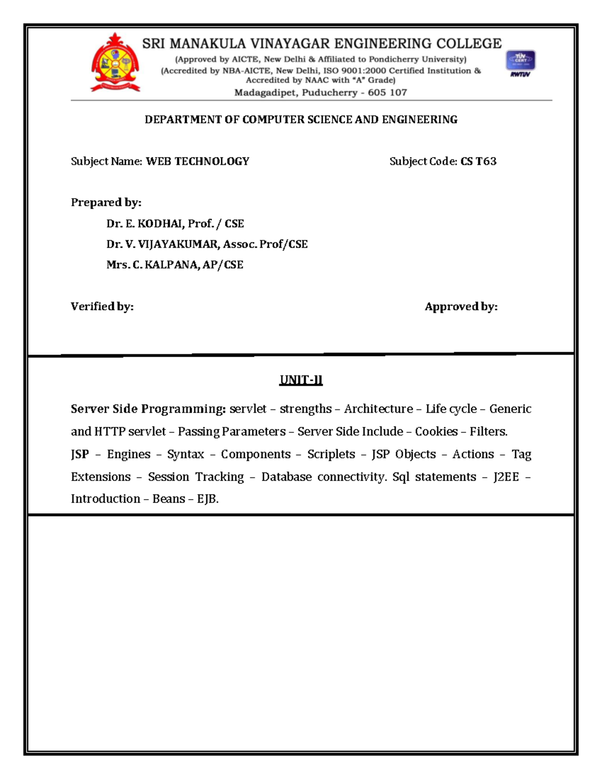 CS T - Unit II Web Technologies Lecture Notes on Server Side ...