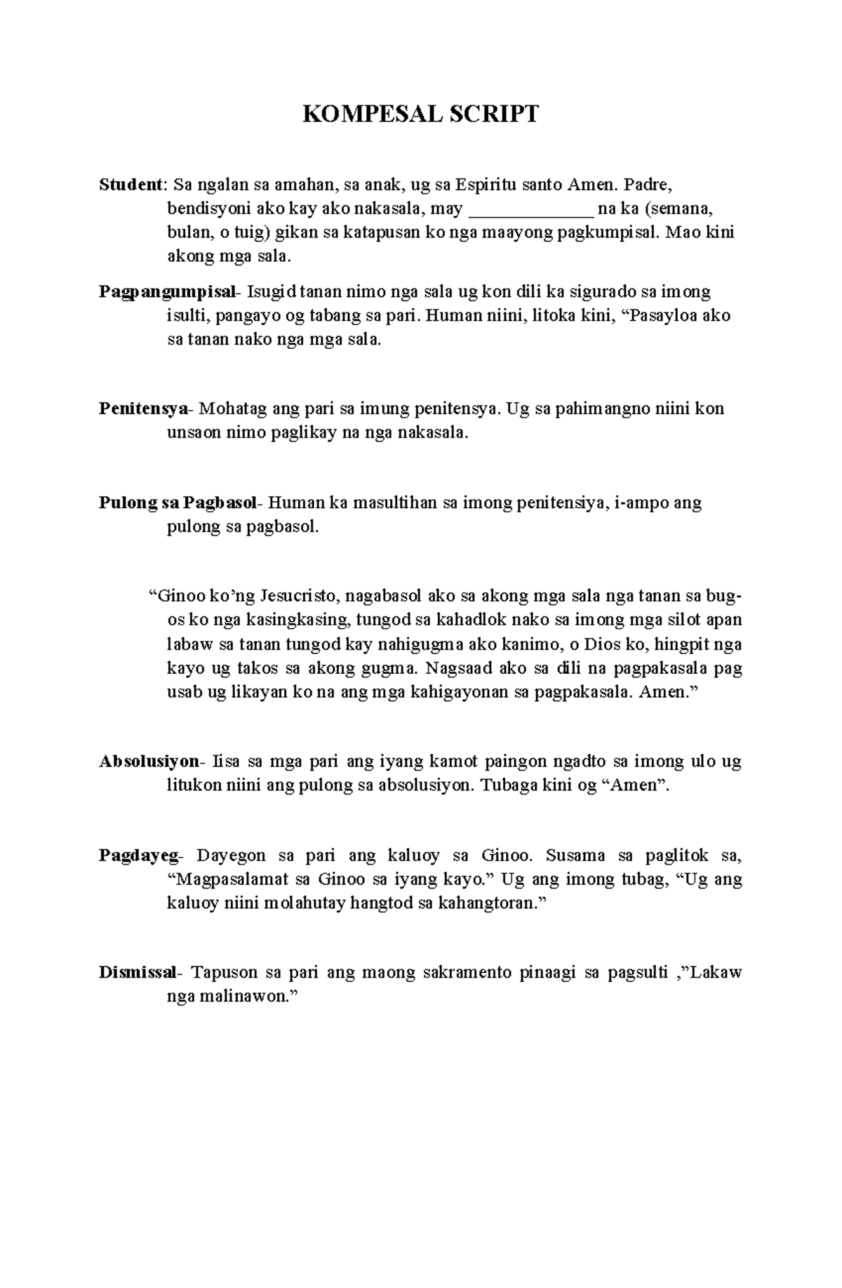 KOMPESAL SCRIPT - First Communion Instructions and Prayers - Studocu