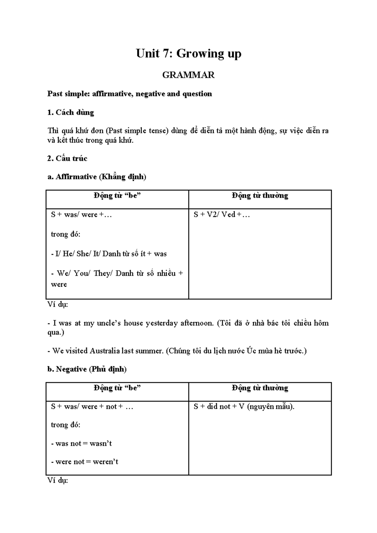 Unit 7: Growing Up - Past Simple Tense & Vocabulary Notes - Studocu
