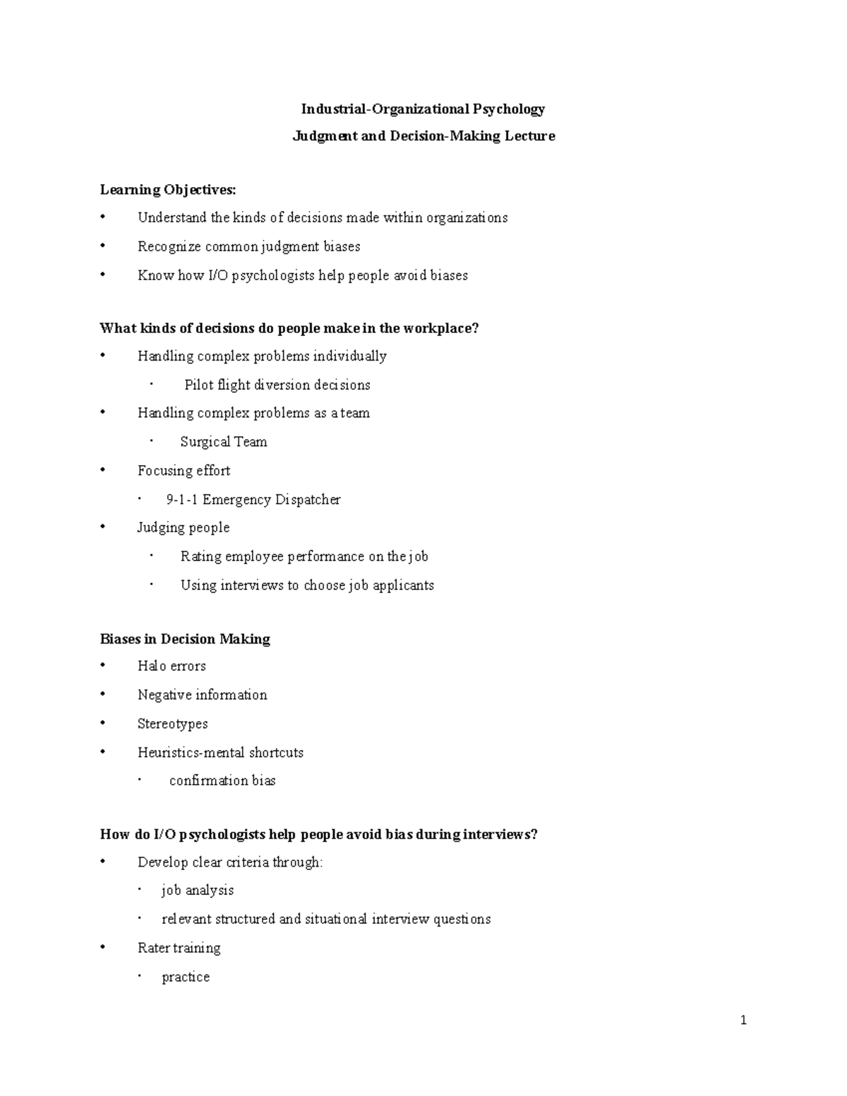 I-O Psychology (I-O-Psych): Judgment & Decision-Making Lecture Notes ...
