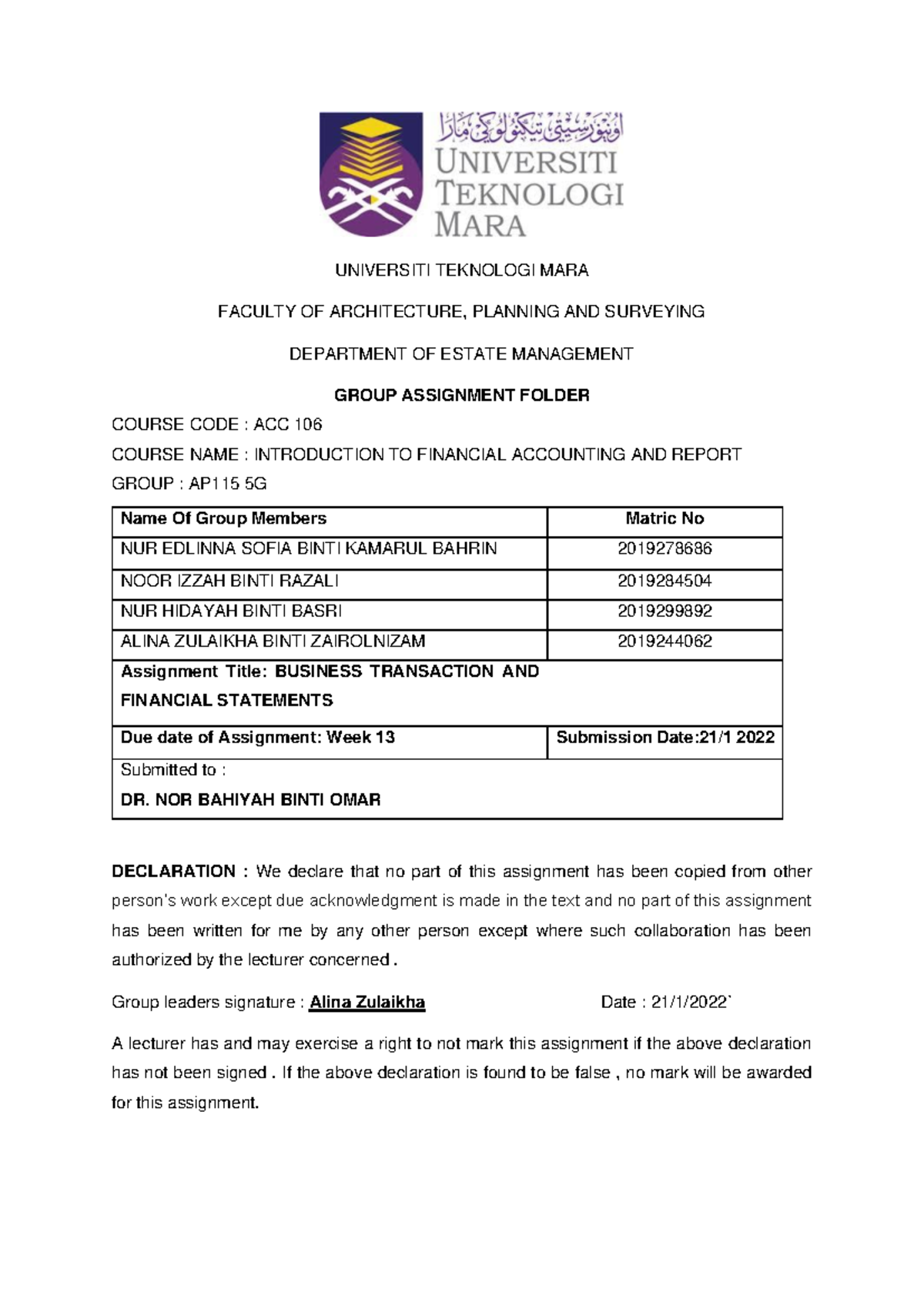 Business Transaction and Financial Statements Report [ACC 106] - Studocu