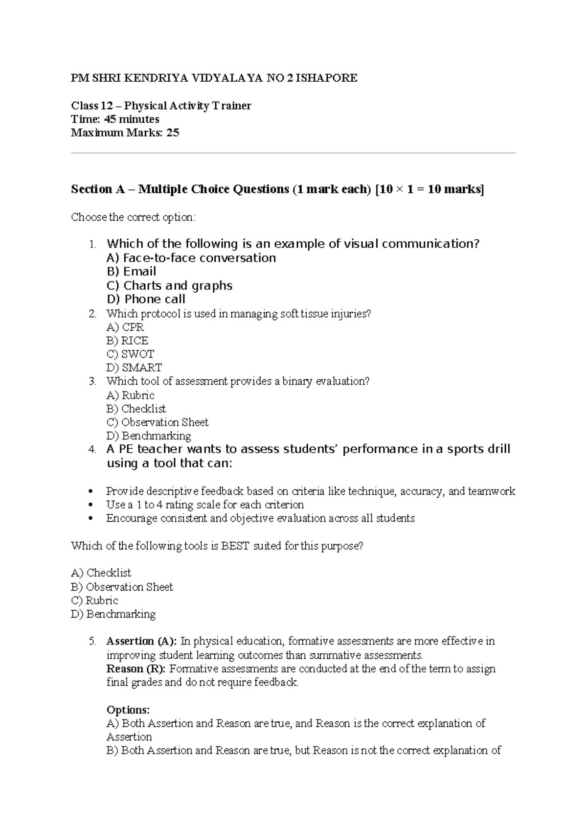 Class 12 QP PAT: Physical Activity Trainer MCQs and Assessment Tools ...
