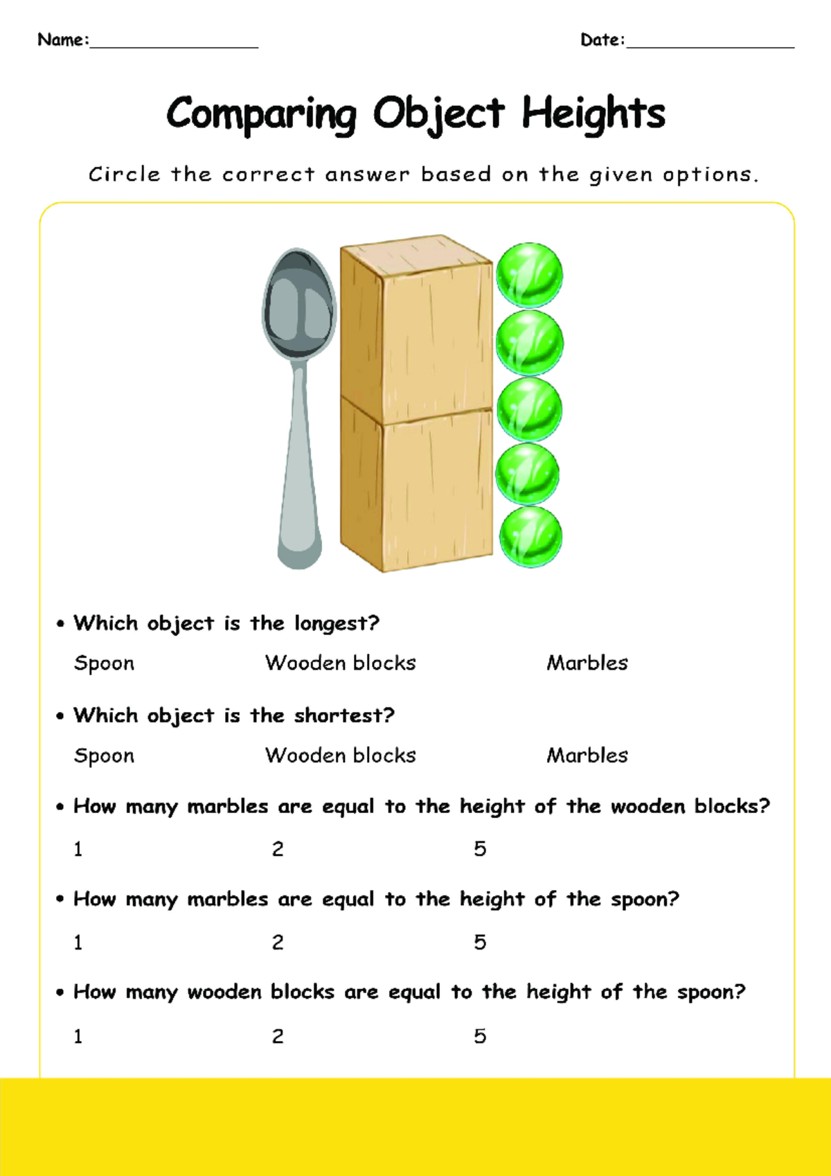 Comparing Object Heights - 1st Grade Worksheet - Name: Date: Comparing ...