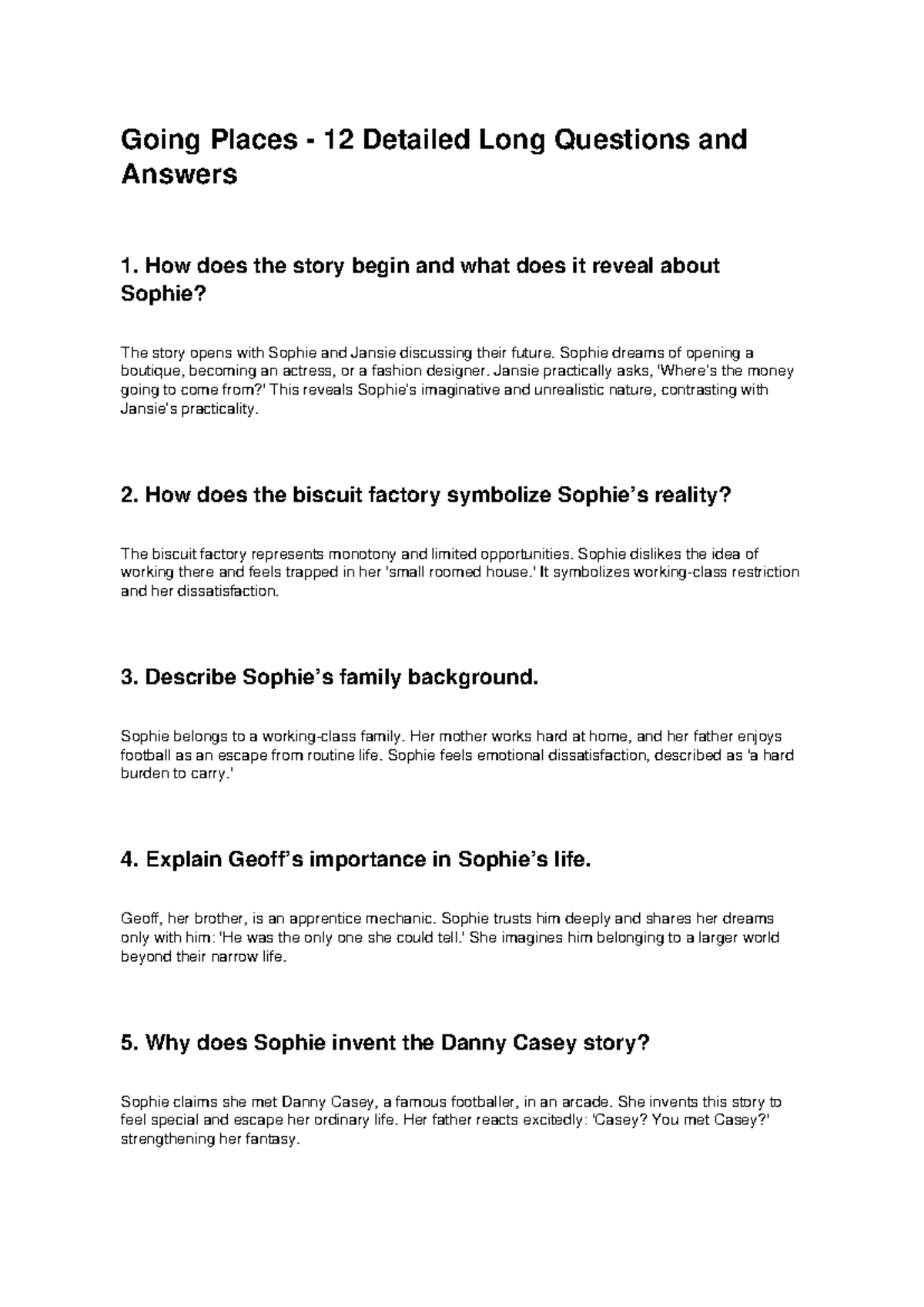 Going Places 12 Detailed Long Questions & Answers Analysis - Studocu