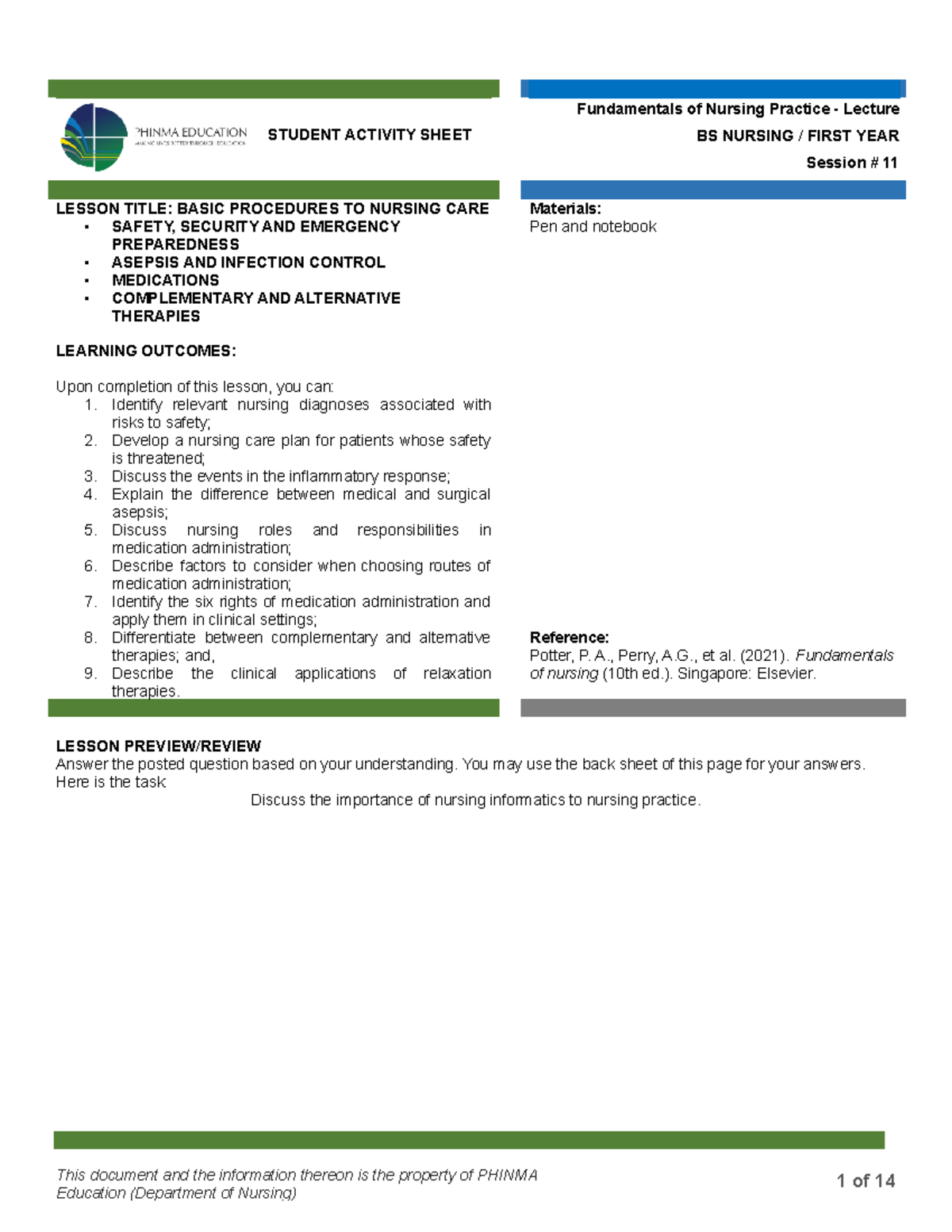 Session #11 SAS - Fundamentals of Nursing (Lec): Basic Nursing ...